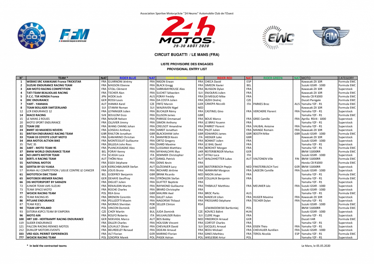 Liste Des Engagés 24h Motos Ffmoto